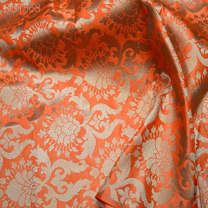 Peachy Orange Brocade Fabric Sold by Yard for Wedding Bridal Dress ...