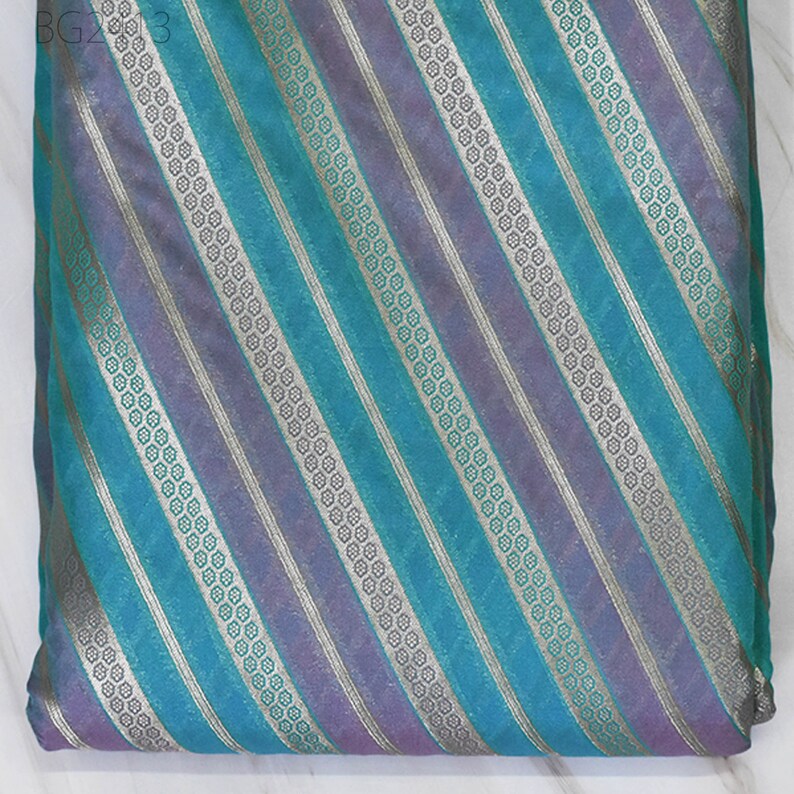 Blue Indian Brocade by the Yard Diagonal Stripes Banarasi Benarse ...