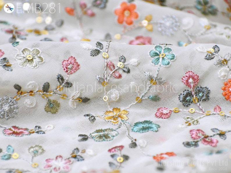 Cream Indian Embroidered Fabric by the Yard Georgette - Etsy