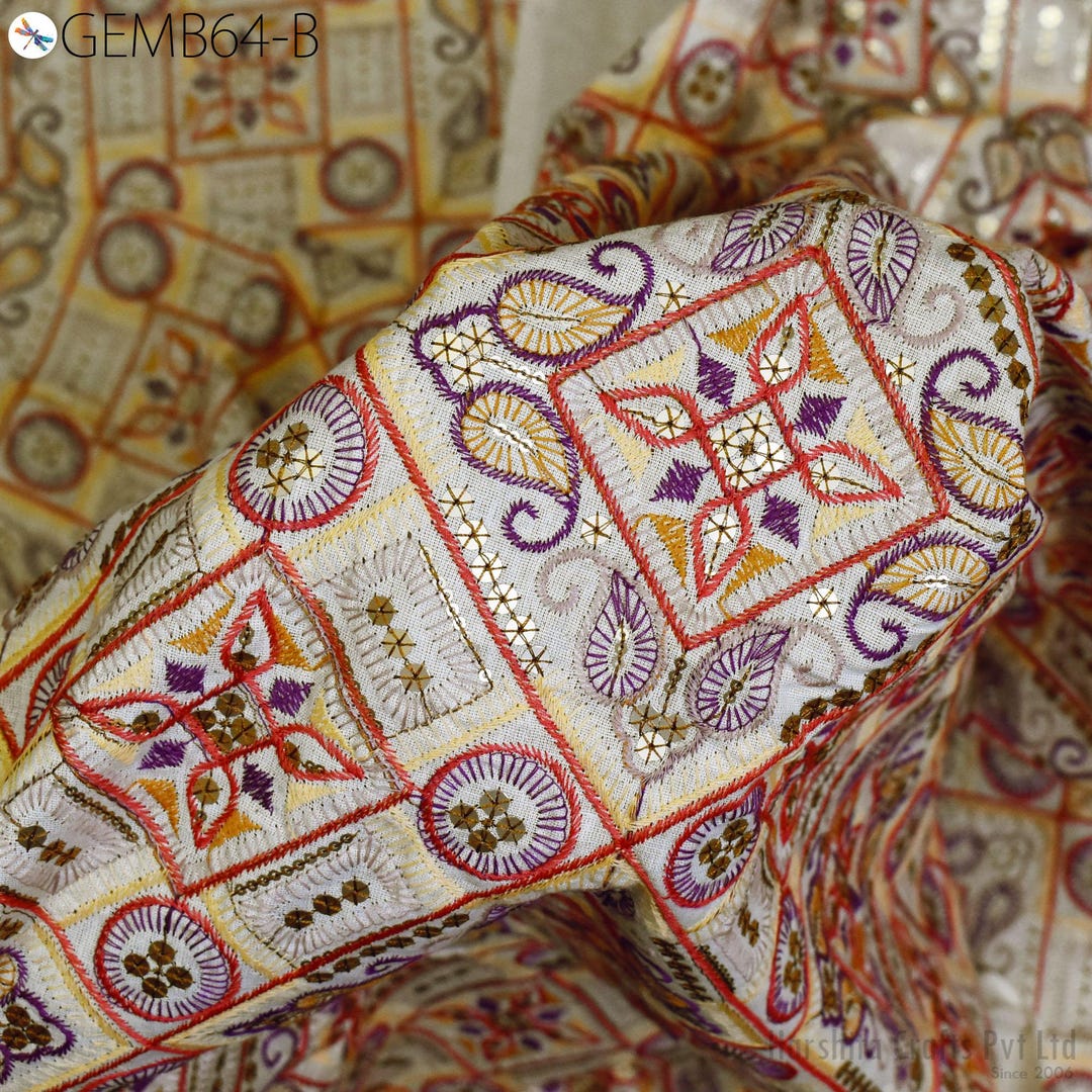 Indian Embroidered Flex Cotton Fabric by the Yard Beige Embroidery ...