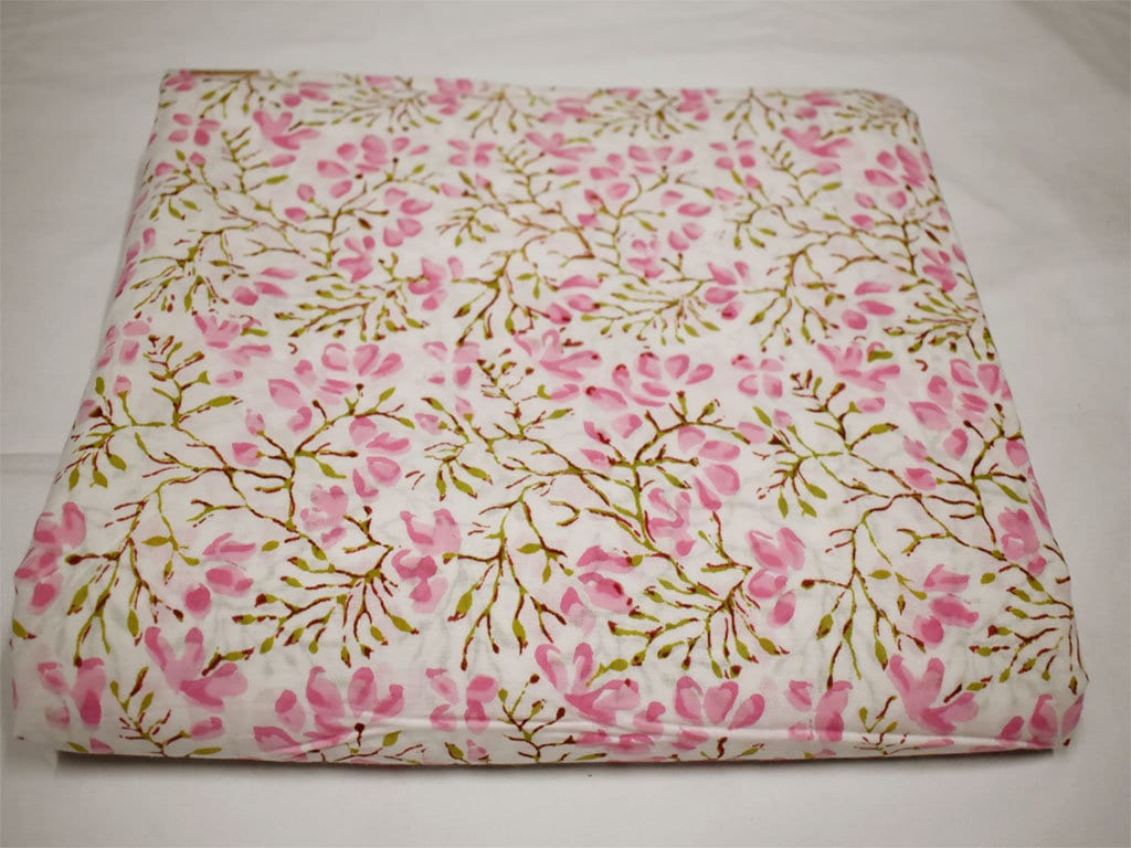 Pink Indian Floral Hand Stamped Block Printed Soft Cotton Fabric by ...
