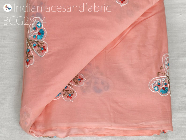 Salmon Indian Embroidered Cotton Fabric by the Yard Embroidery - Etsy