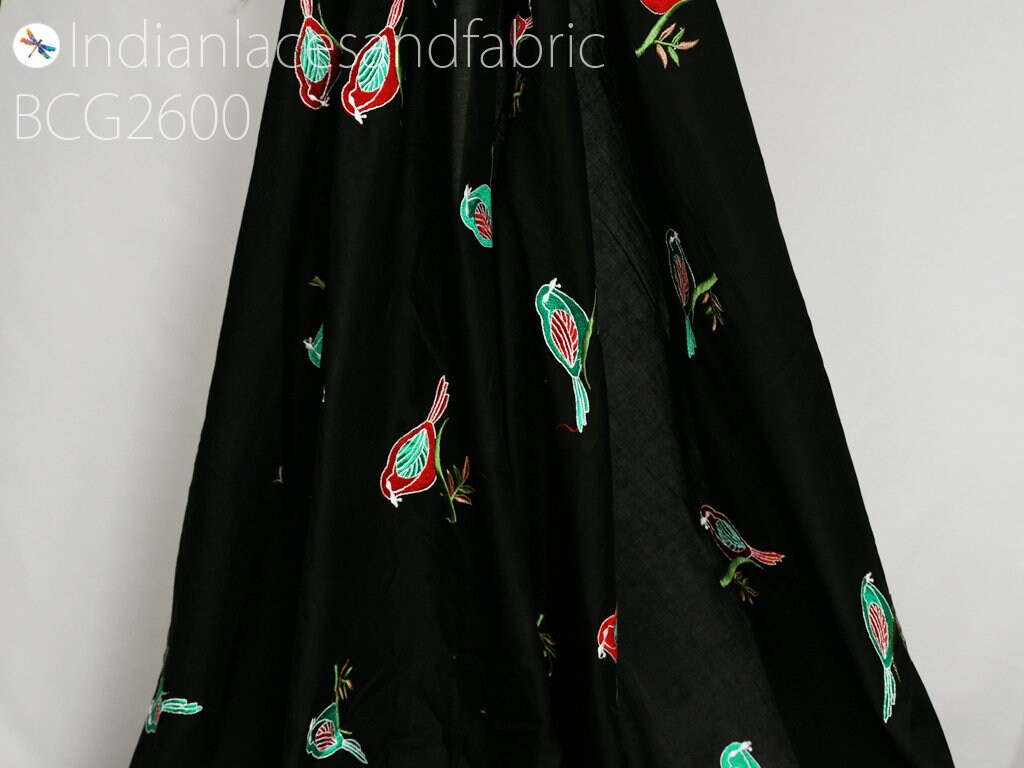 Black Indian Embroidered Cotton Fabric by the Yard Embroidery - Etsy
