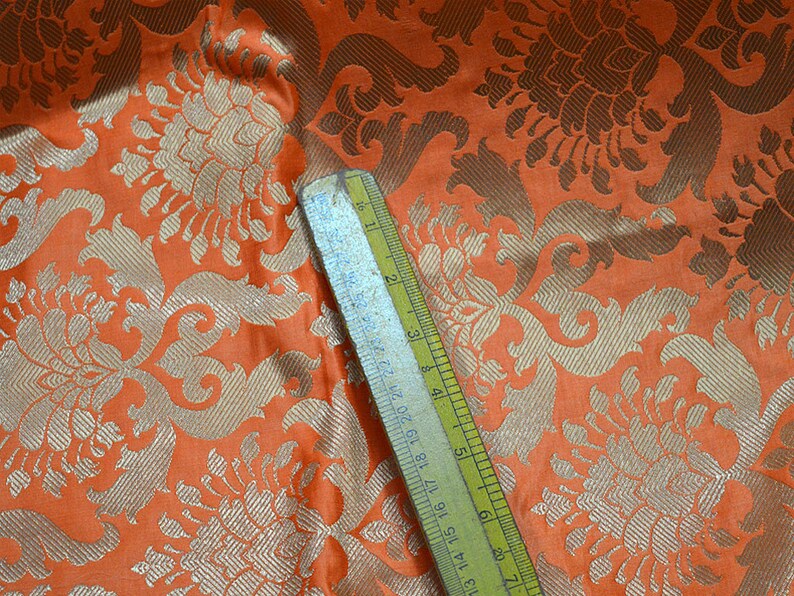 Peachy Orange Brocade Fabric sold by yard for Wedding bridal | Etsy
