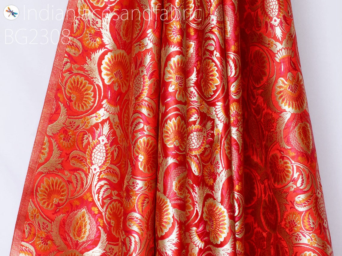Indian Red Brocade Fabric by the Yard Banarasi Dress Material | Etsy