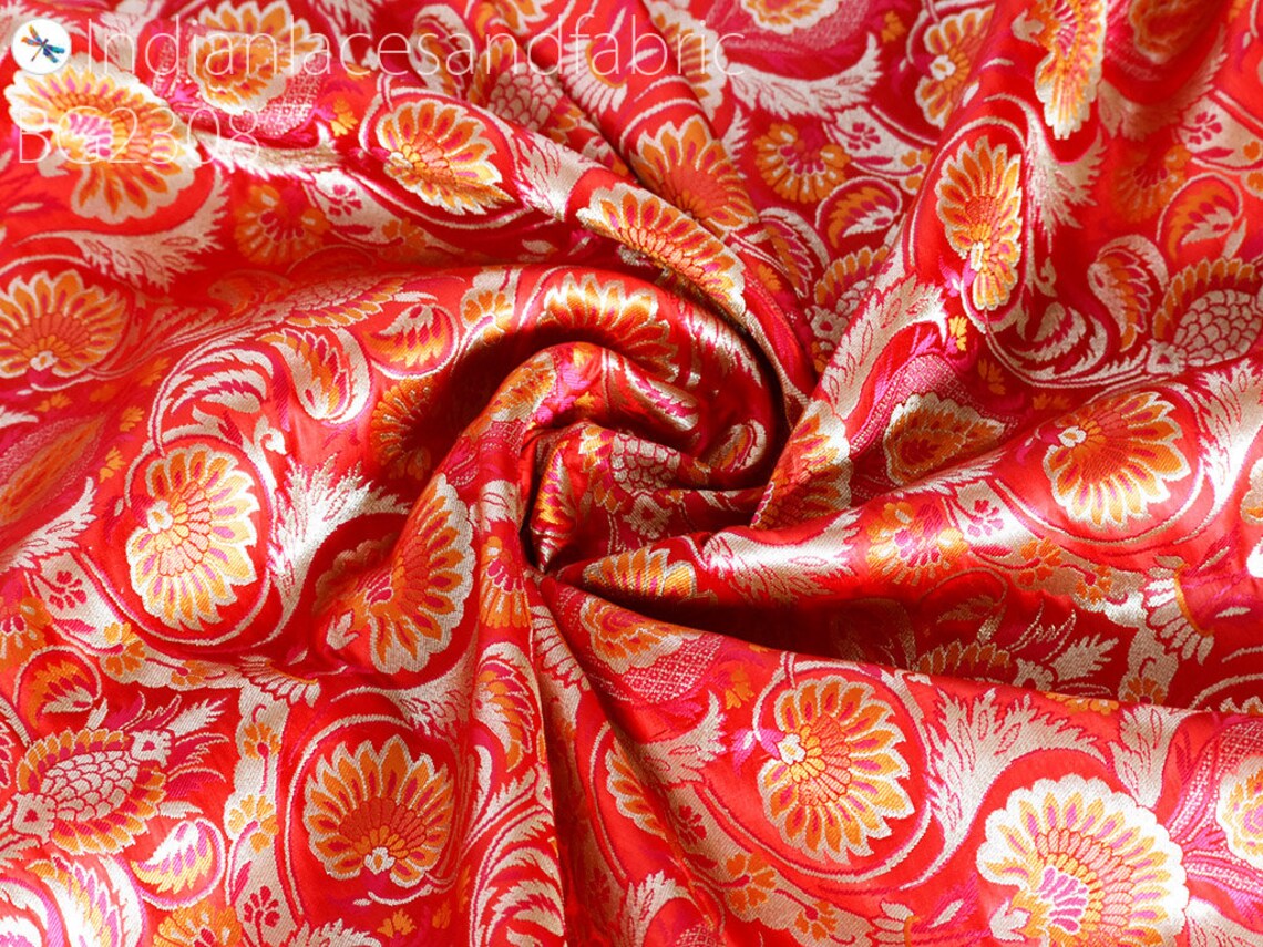 Indian Red Brocade Fabric by the Yard Banarasi Dress Material | Etsy