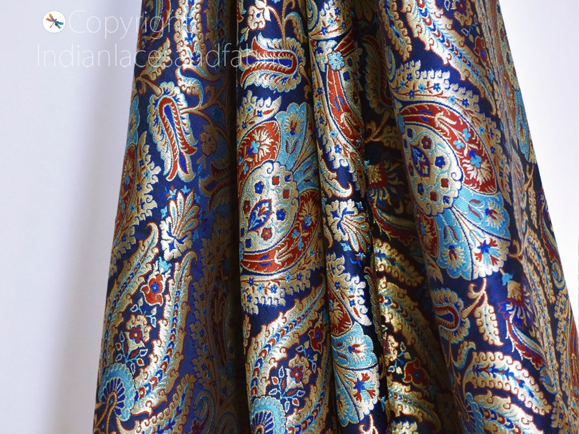 Navy Blue Brocade Fabric by Yard Banarasi Indian Bridal - Etsy
