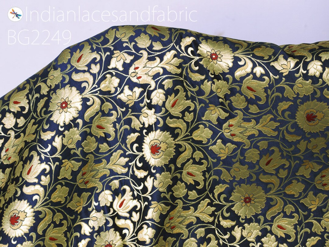 Navy Blue Brocade Fabric Indian Wedding Dresses by Yard Varanasi Silk ...