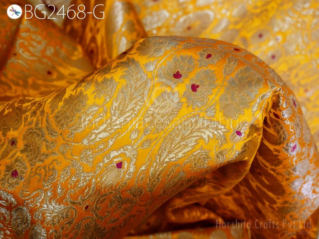 Buy Yellow Brocade Fabric by the Yard Indian Banarasi Wedding Dress ...
