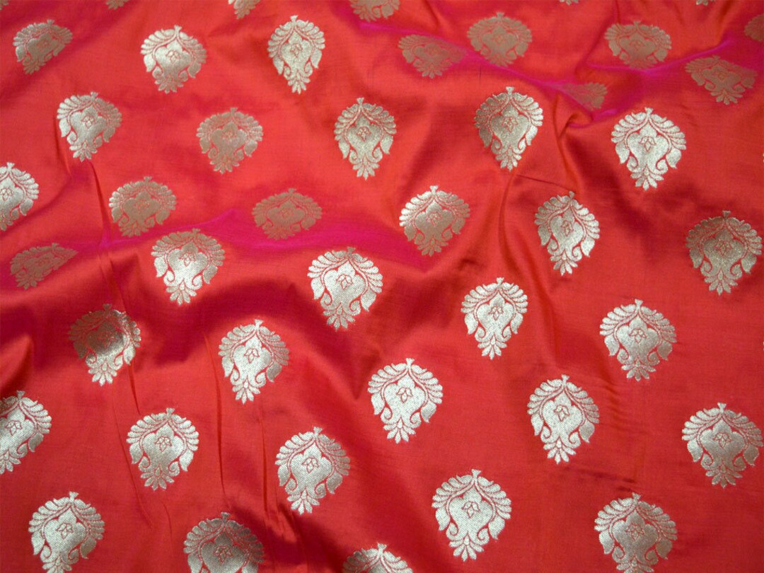 Orange Brocade Fabric by the Yard Indian Fabric Banaras Brocade Bridal ...
