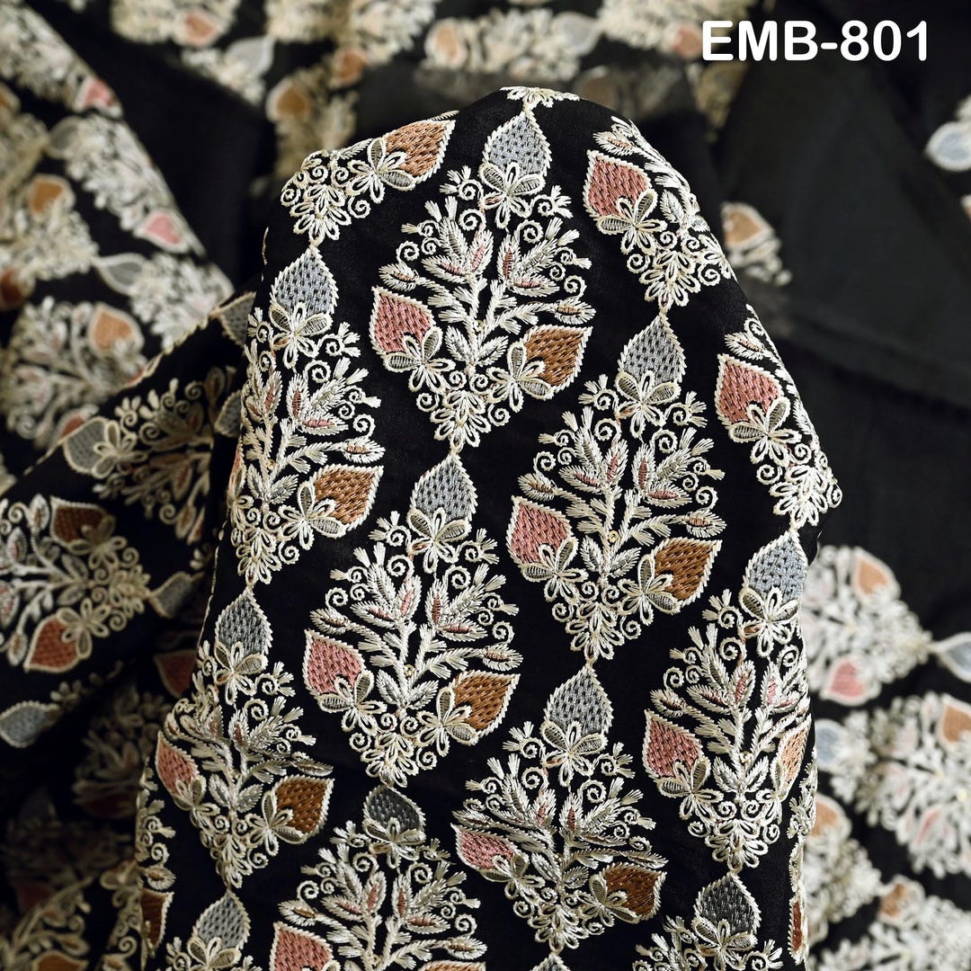 Black Embroidered Fabric by the Yard Sewing DIY Crafting Indian ...