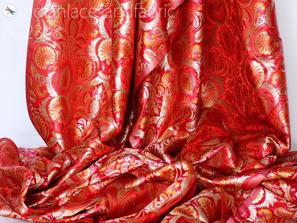 Indian Red Brocade Fabric by the Yard Banarasi Dress Material | Etsy