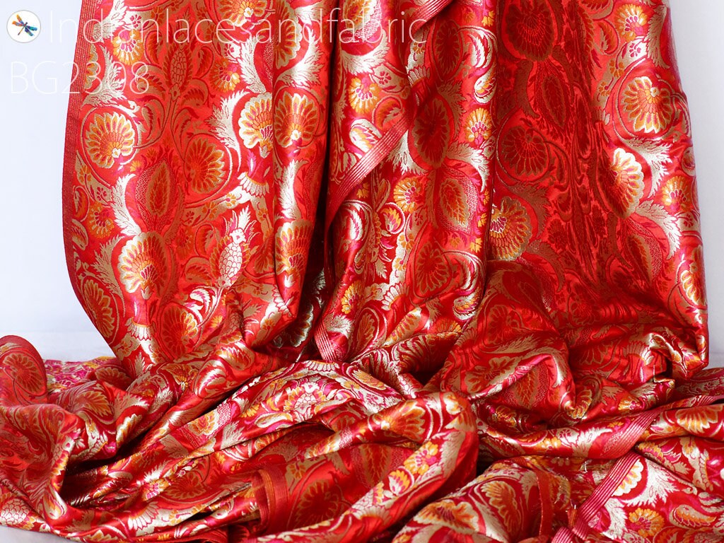Indian Red Brocade Fabric by the Yard Banarasi Dress Material | Etsy