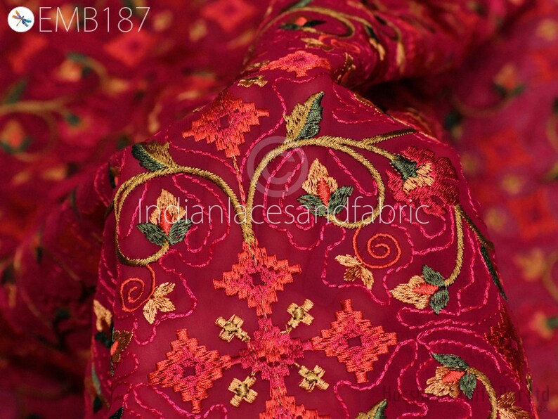 Red Indian Embroidered Fabric by the Yard Georgette Embroidery - Etsy