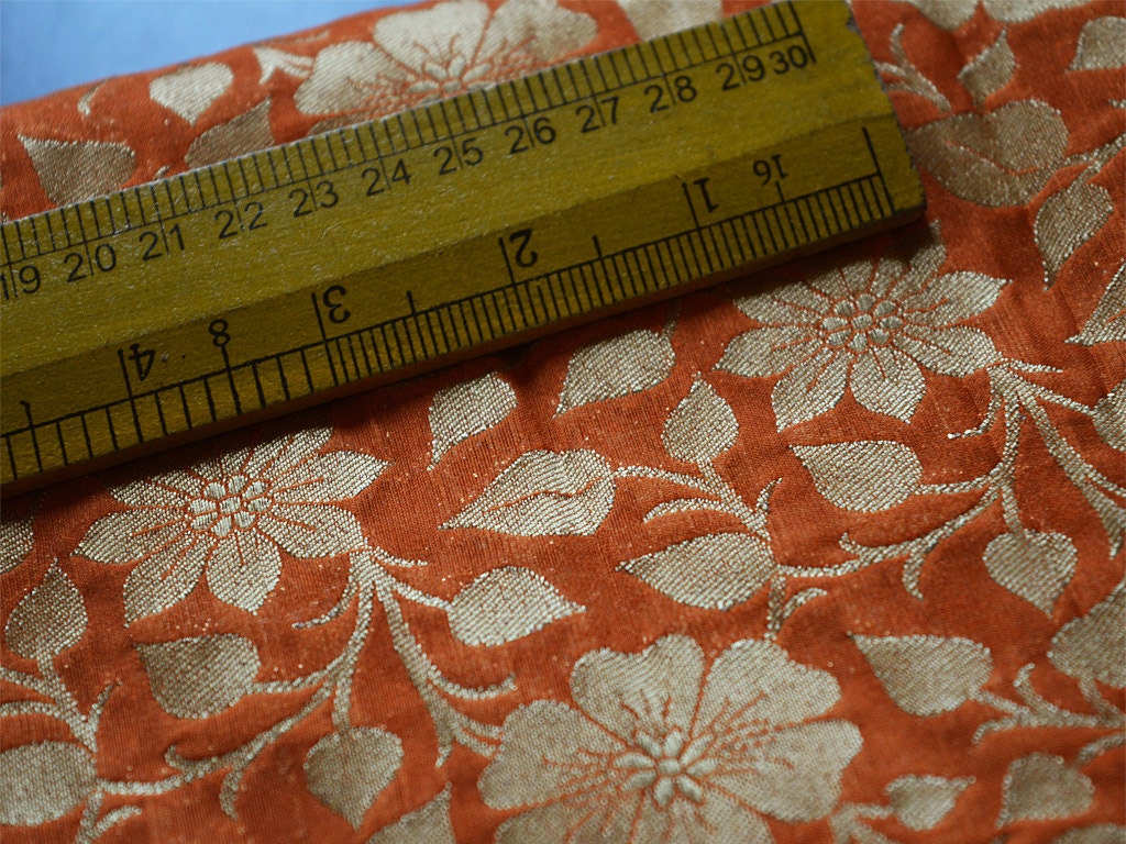 Brocade Fabric in Orange and Gold Banarasi Fabric Wedding | Etsy