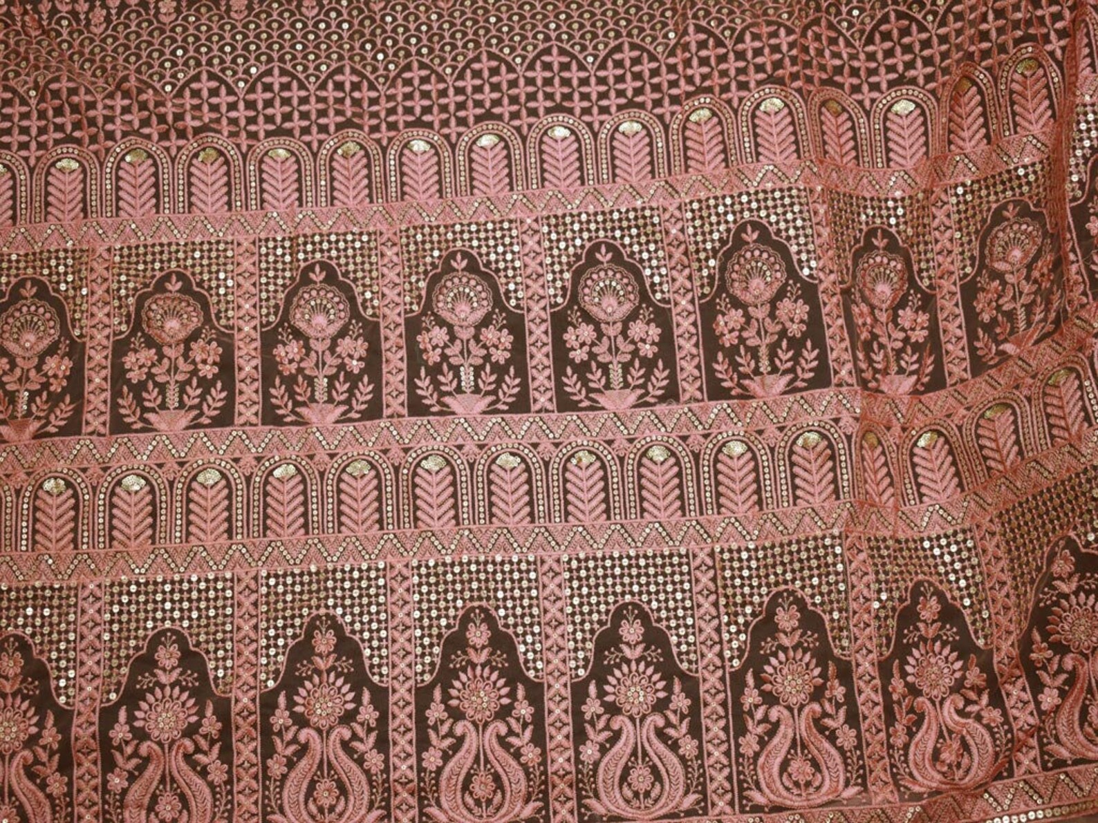 Peach Sequin Net Embroidery Fabric Indian Saree Embroidered - Etsy India