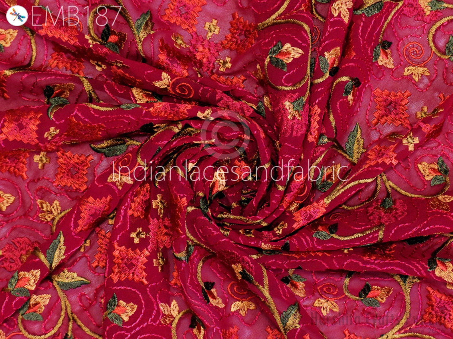 Red Indian Embroidered Fabric by the Yard Georgette Embroidery - Etsy