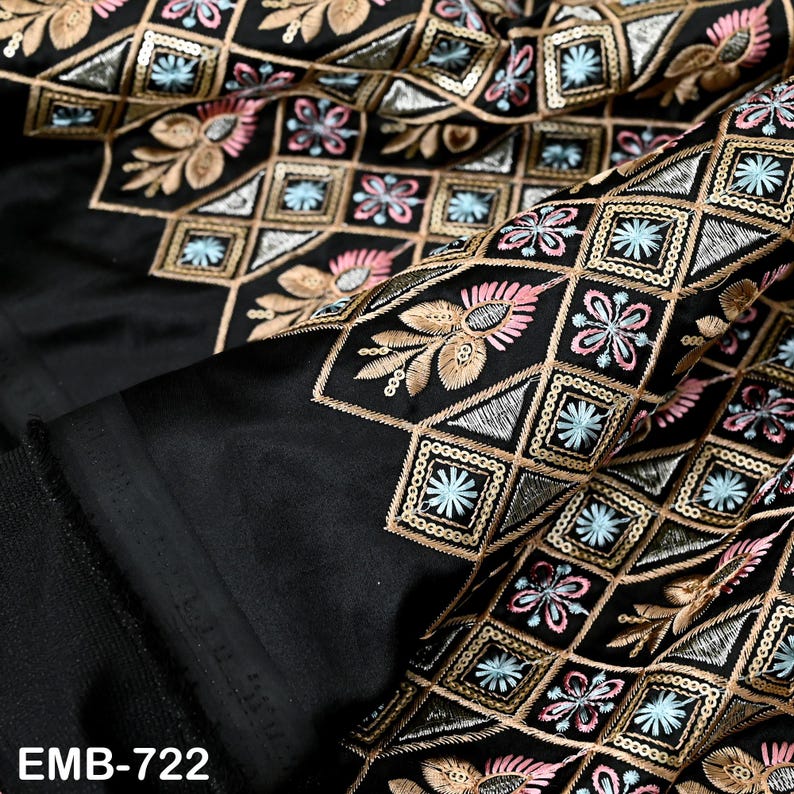 Black Embroidered Fabric by the Yard Sewing Crafting Indian Embroidery ...