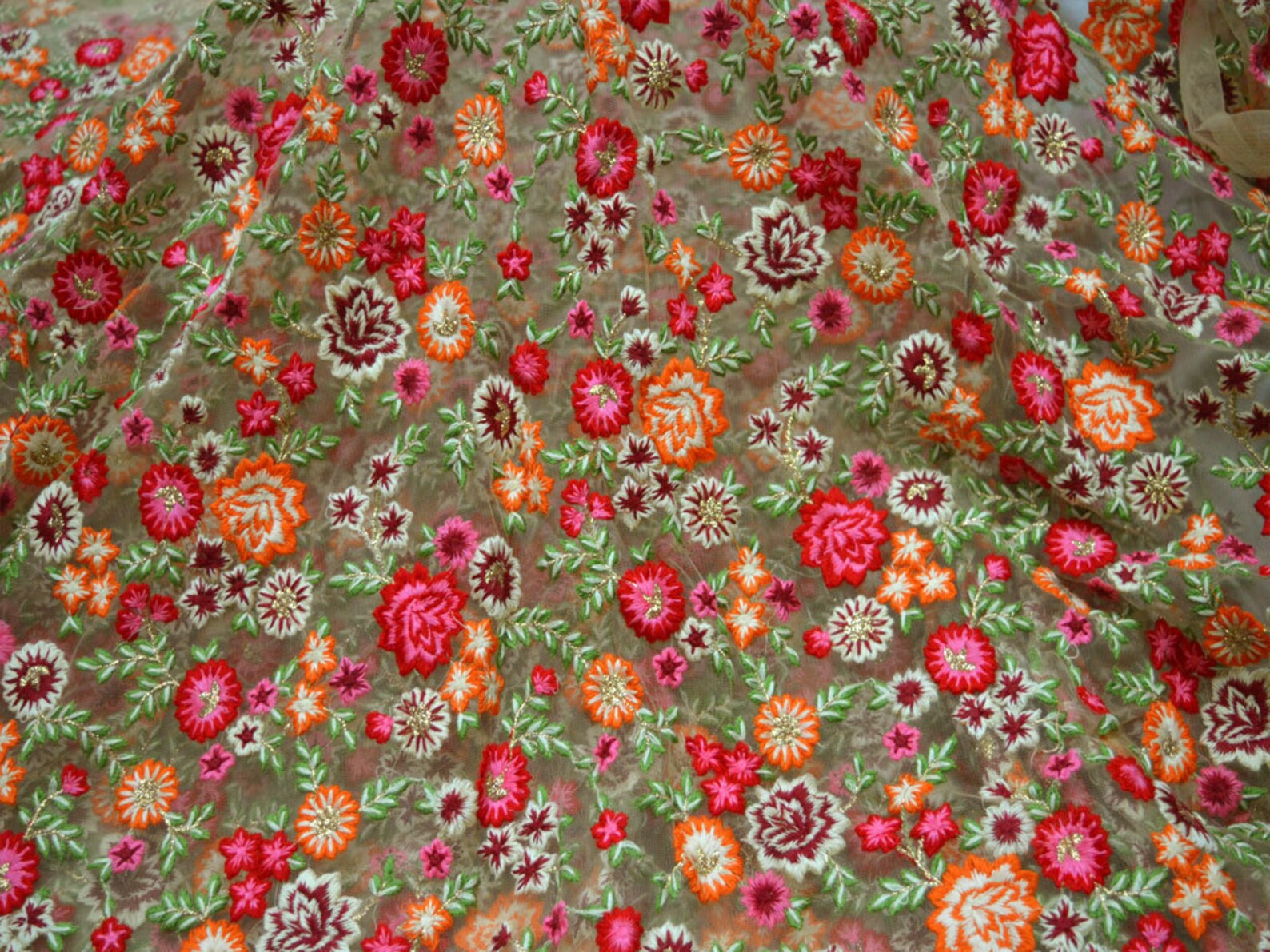 Net Embroidered Fabric Beige Floral Embroidered Fabric by the - Etsy