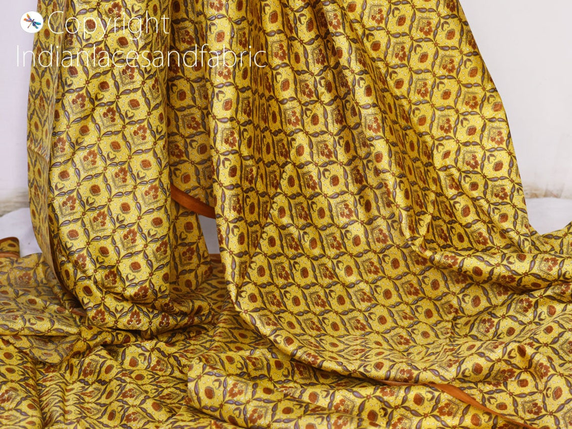 Tela Sari de seda estampada pura suave amarilla india por la | Etsy