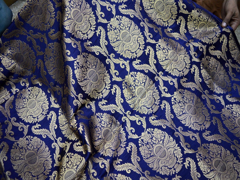 Navy Blue Banaras Brocade Fabric By The Yard Banarasi For Etsy