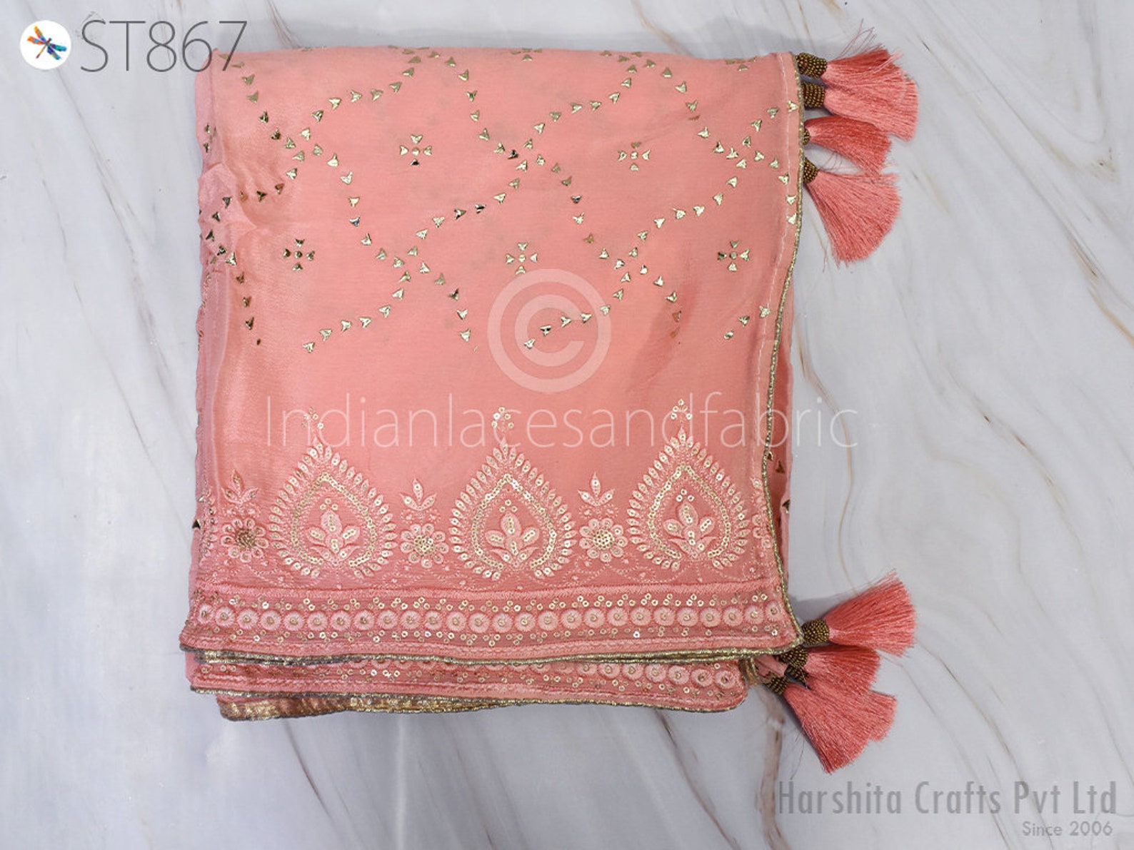 Peach Indian Wedding Dupatta Chinnon Long Embroidered Dupatta Chuni ...