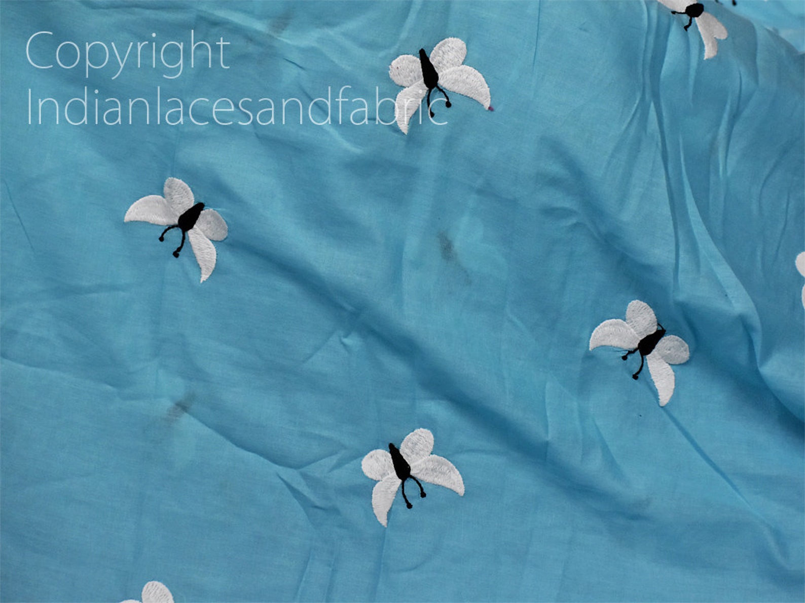 Indian Sky Blue Embroidered Cotton Fabric by the Yard - Etsy