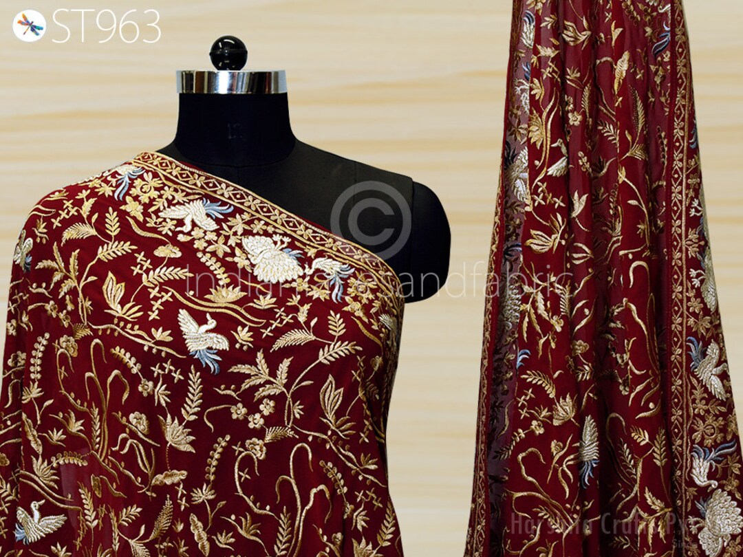 Maroon Indian Parsi Gara Dupatta Embroidered Dupatta Wedding Georgette ...