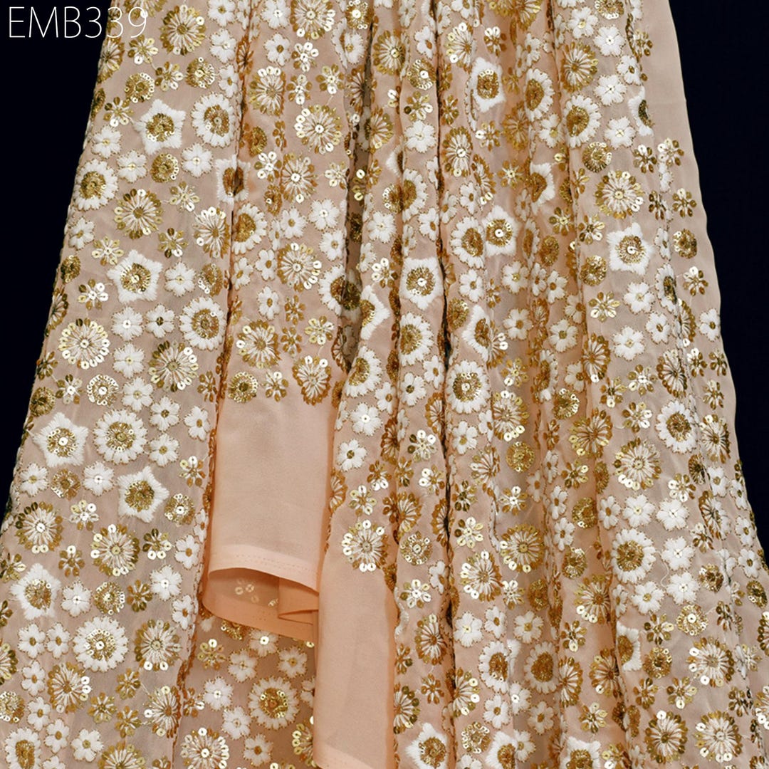 Peach Indian Embroidered Fabric by the Yard Georgette Embroidery Sewing ...