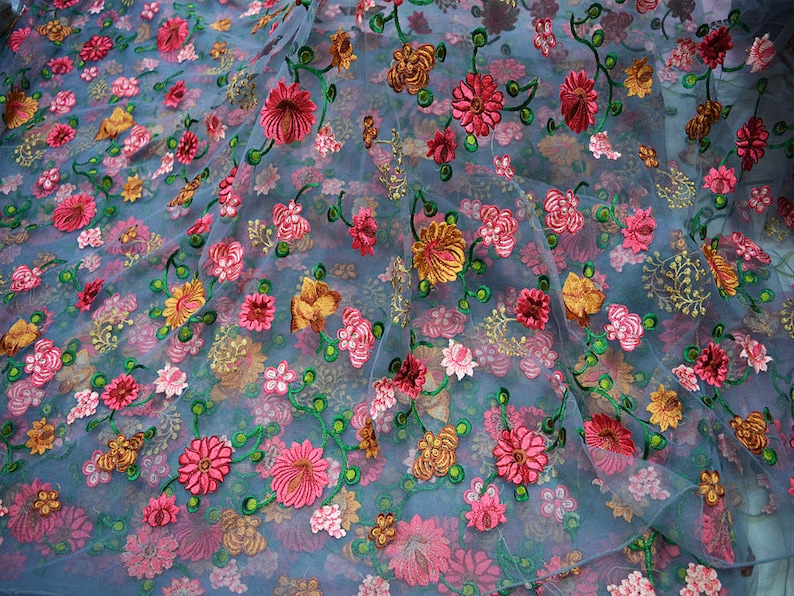 Net Embroidered Fabric Grey Floral Embroidered Fabric by the | Etsy