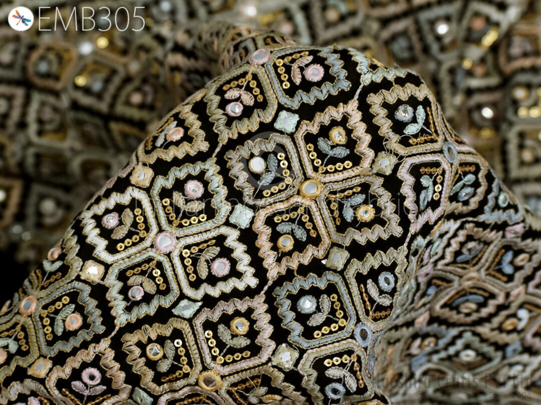 Black Embroidered Georgette Fabric by Yard Indian Embroidery Sewing ...