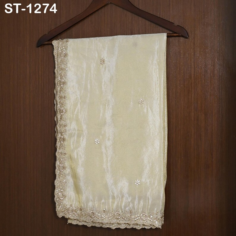 Tissue Organza Stole With Scalloped Border Gold | Zari Embroidered ...