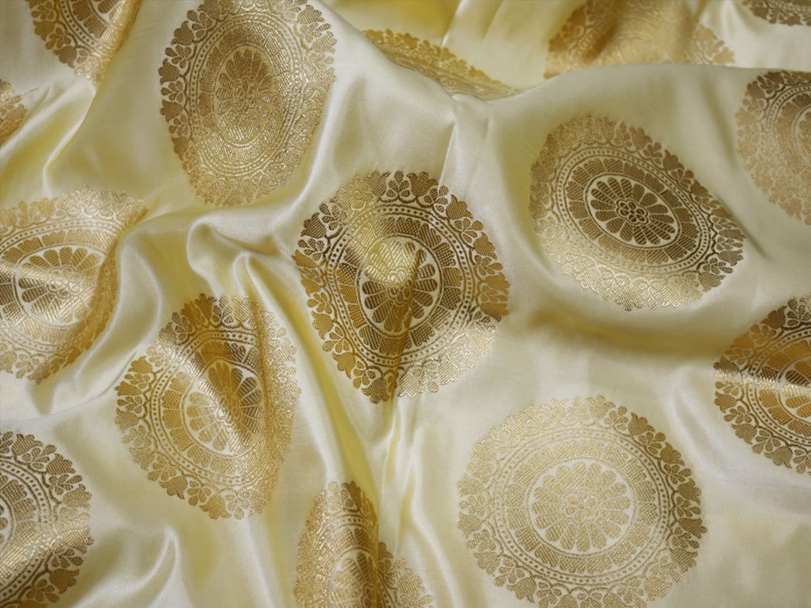 Cream Gold Brocade Fabric by the Yard Crafting Banarasi Sewing | Etsy
