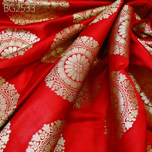 Red Brocade Fabric by the Yard Blended Indian Wedding Dresses Varanasi ...