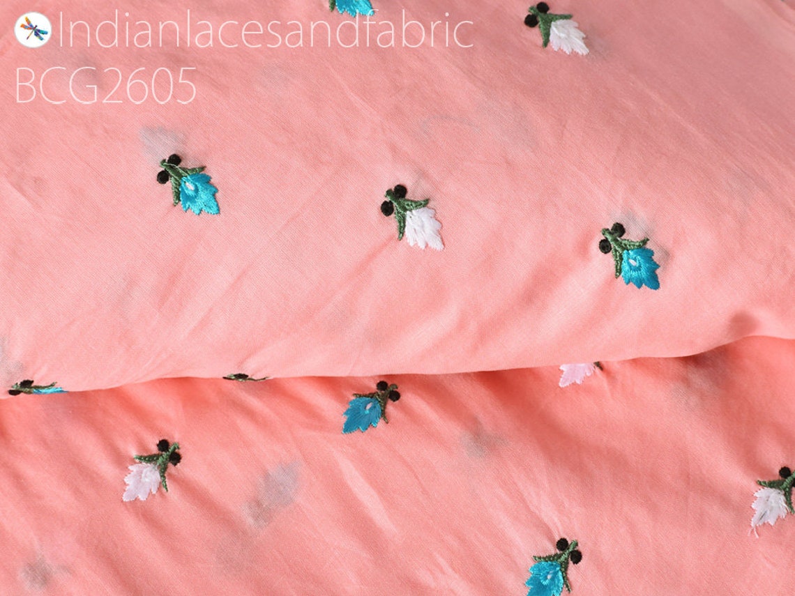 Indian Salmon Embroidered Cotton Fabric by the Yard Embroidery - Etsy India