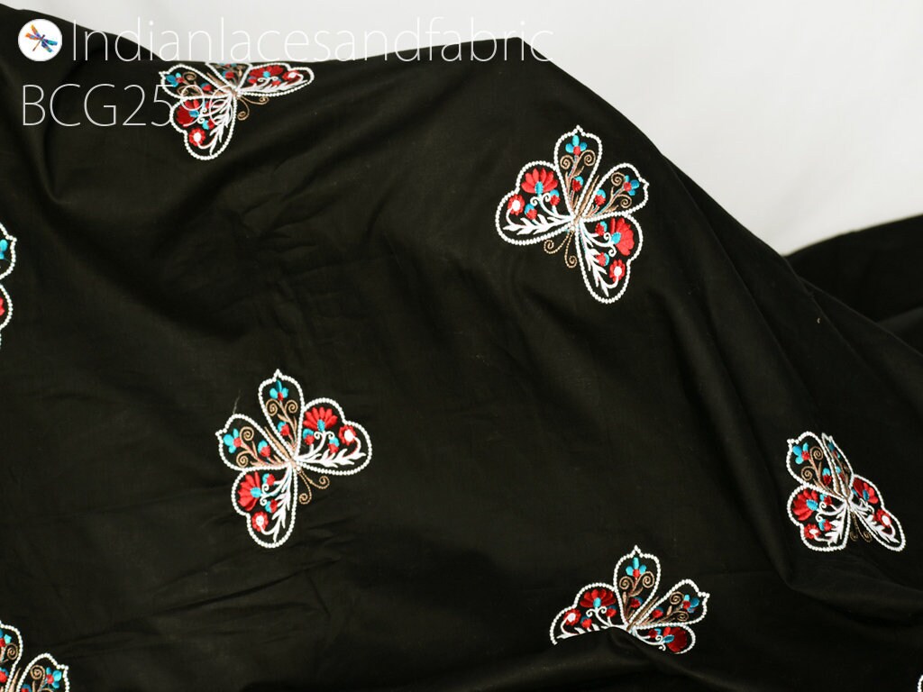 Black Indian Embroidered Cotton Fabric by the Yard Embroidery - Etsy