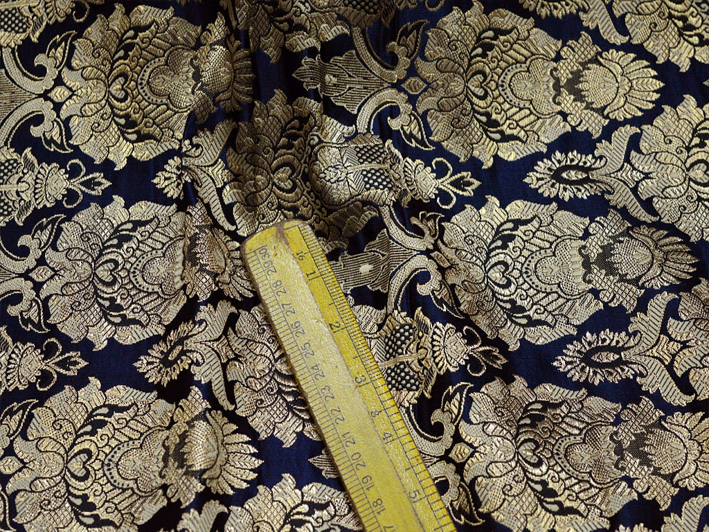 Crafting Navy Blue Brocade Fabric by the Yard Jacket Banarasi | Etsy