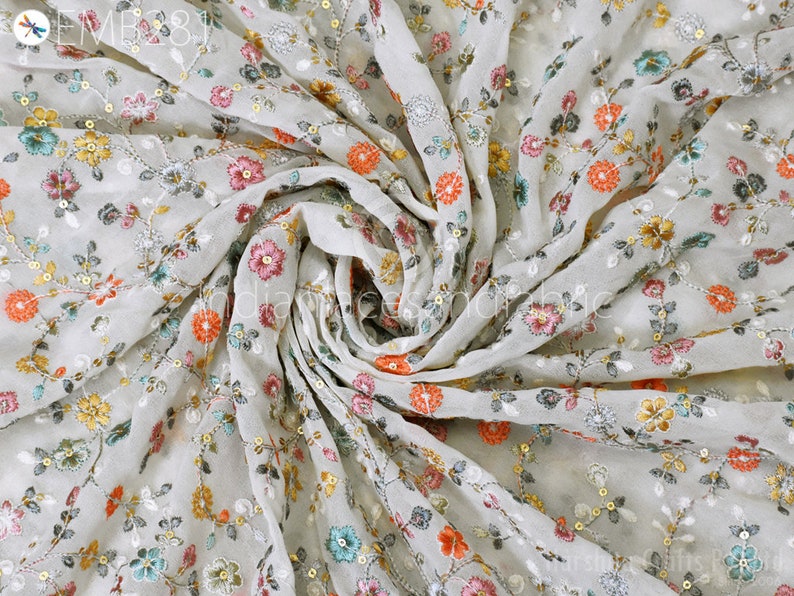 Cream Indian Embroidered Fabric by the Yard Georgette - Etsy