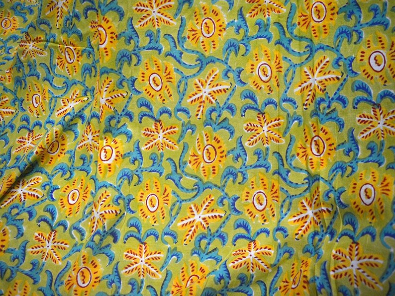 Yellow Block Printed Indian Soft Cotton Fabric by the Yard Hand Stamped ...