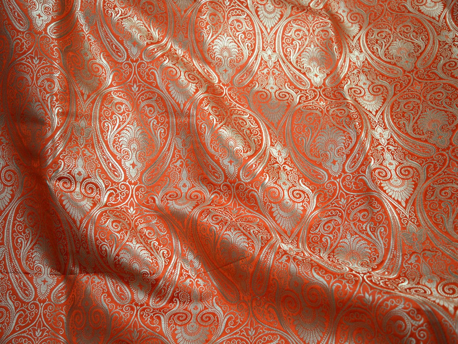 Orange Brocade Fabric by the Yard Banarasi Brocade Fabric | Etsy