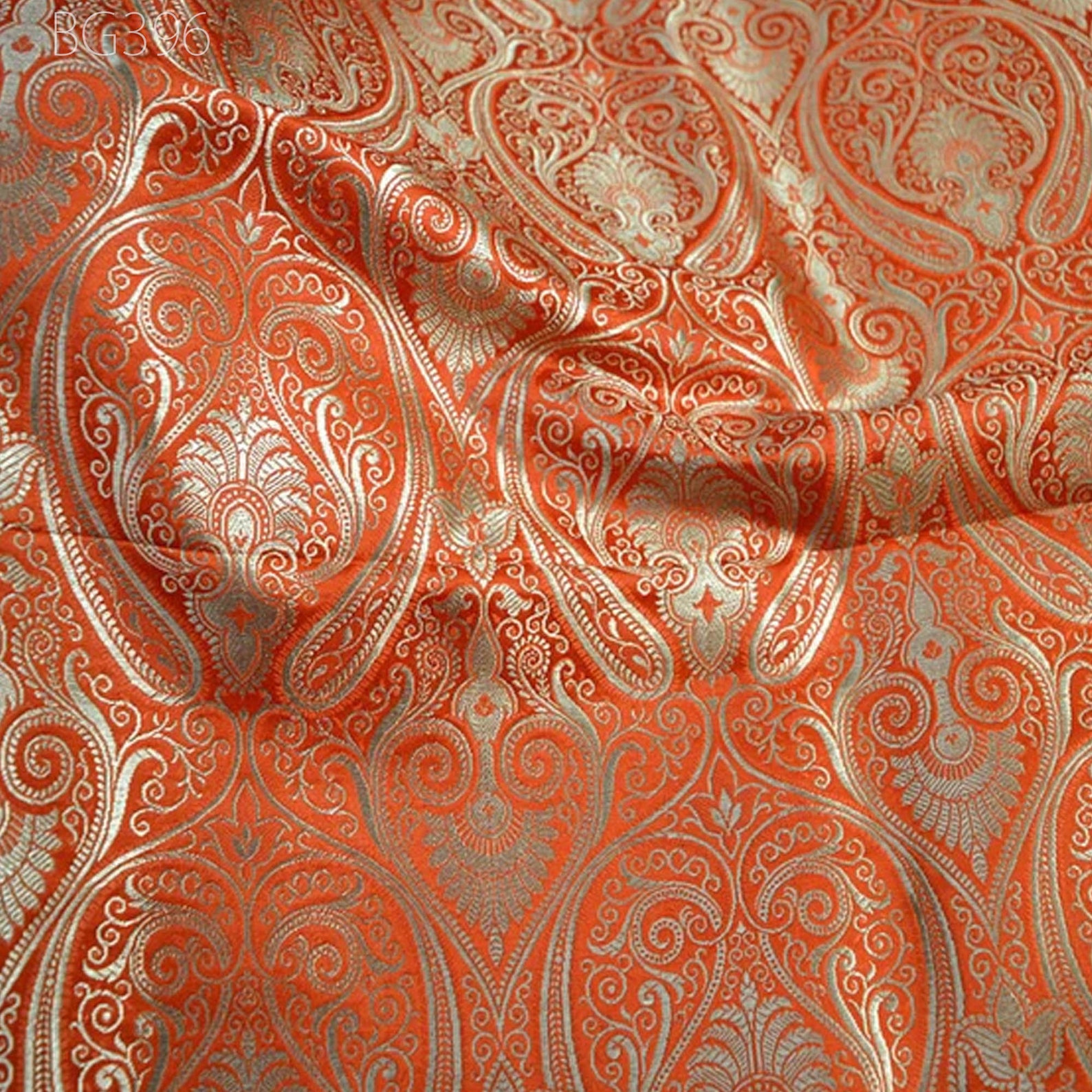 Orange Brocade Fabric by the Yard Banarasi Wedding Dress Brocade ...