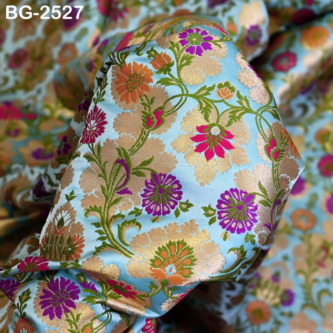 Turquoise Brocade Fabric by the Yard Historic Costume Indian Banarasi ...