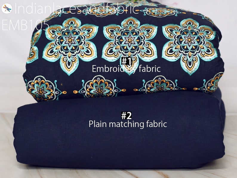 Navy Blue Embroidered Cotton Fabric by Yard Indian Embroidery | Etsy