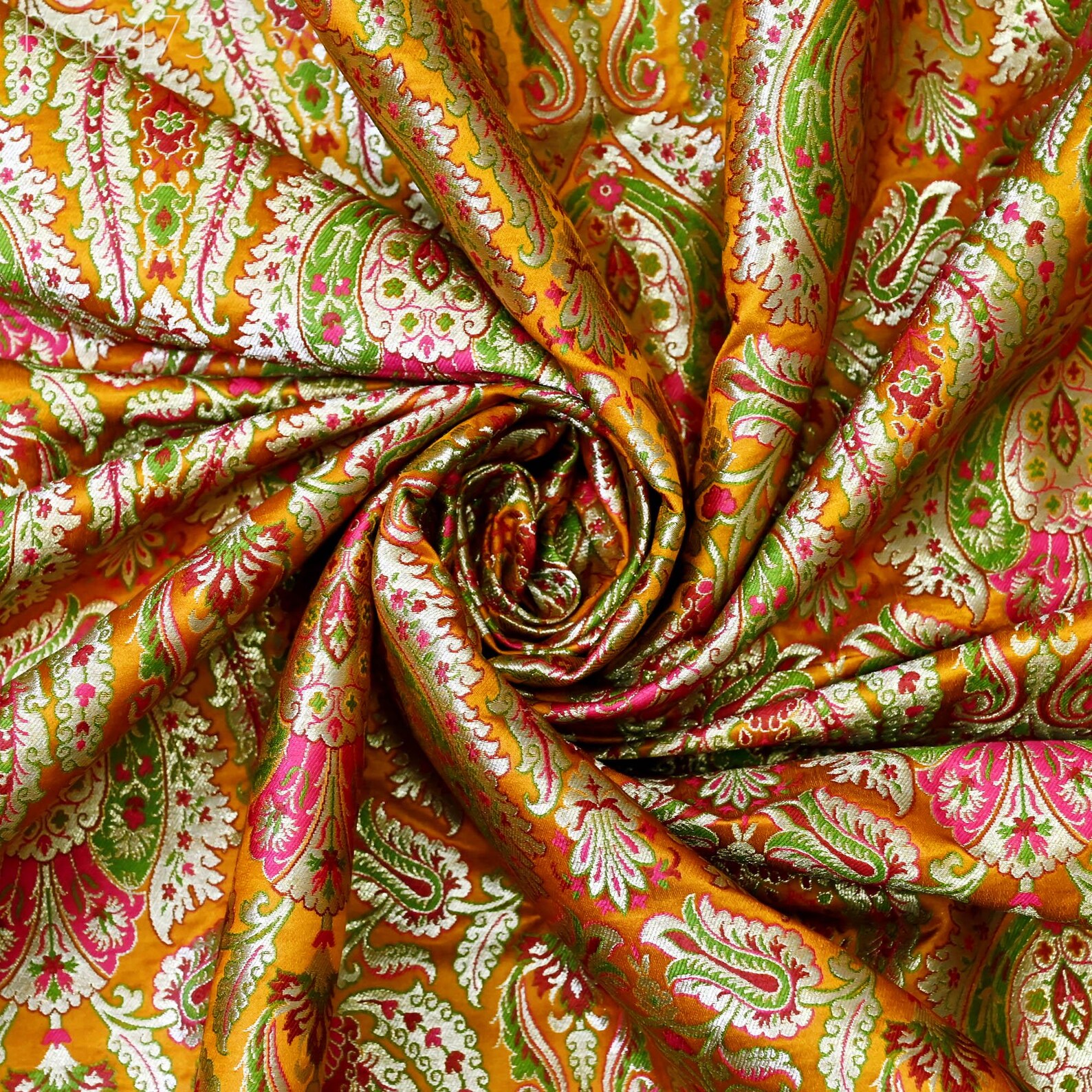 Yellow Brocade Fabric by the Yard Historic Costume Indian Banarasi ...