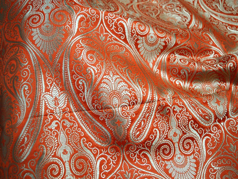Orange Brocade Fabric by the Yard Banarasi Wedding Dress | Etsy