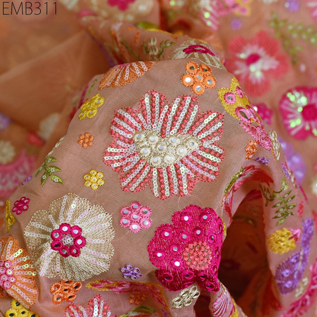 Buy Indian Embroidered Fabric by the Yard Peach Georgette Embroidery ...