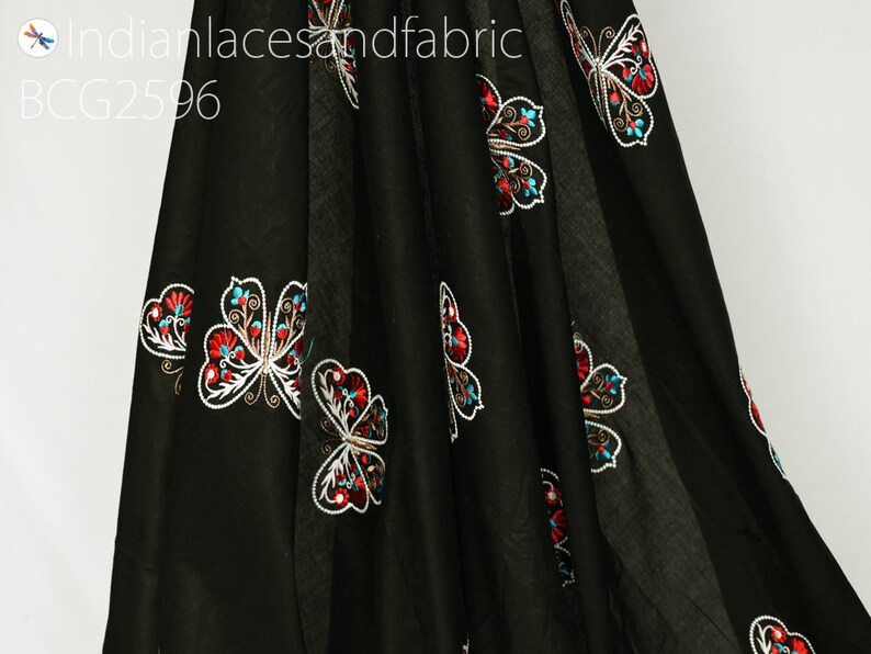 Black Indian Embroidered Cotton Fabric by the Yard Embroidery - Etsy