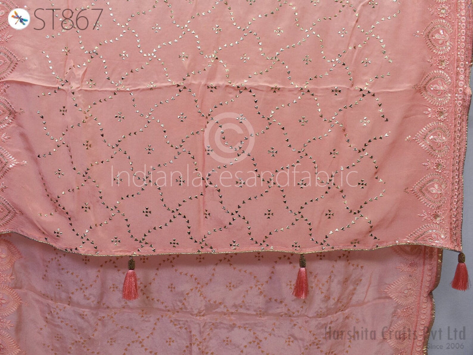 Peach Indian Wedding Dupatta Chinnon Long Embroidered Dupatta Chuni ...
