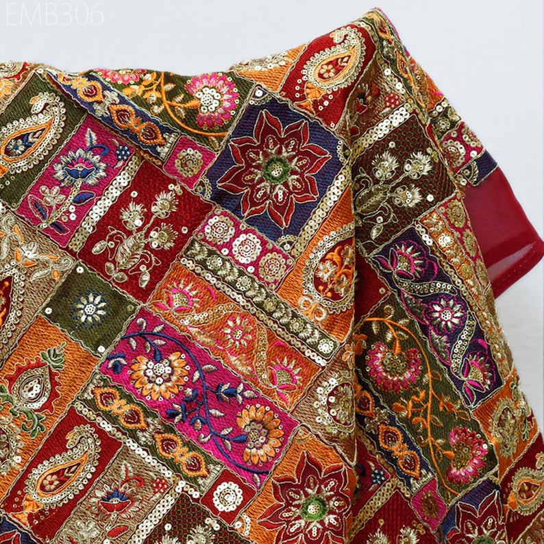 54" Maroon Indian Embroidered Fabric by the Yard Georgette Embroidery ...