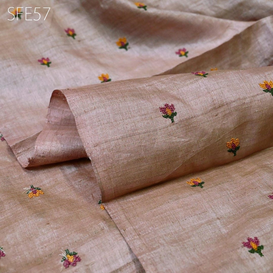 Dusty Pink Pure Tussar Silk Embroidered Fabric by the Yard Embroidery ...
